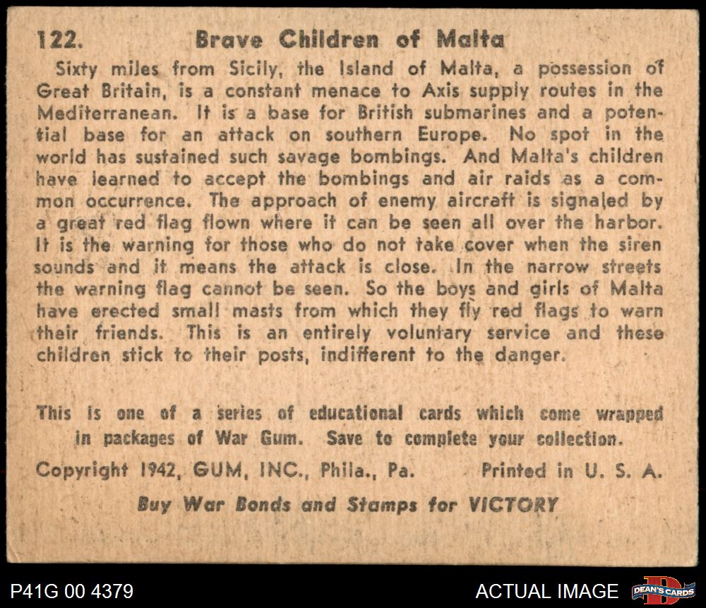 1941 War Gum #122 Brave Children of Malta 4 - VG/EX