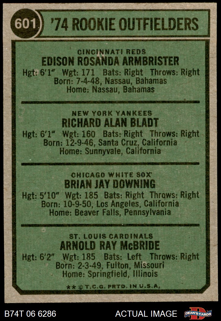 1974 Topps #601 - Bake McBride / Brian Downing / Ed Armbrister / Rich ...