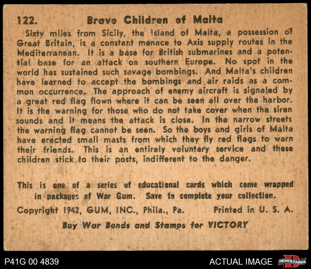 1941 War Gum #122 Brave Children of Malta 6 - EX/MT
