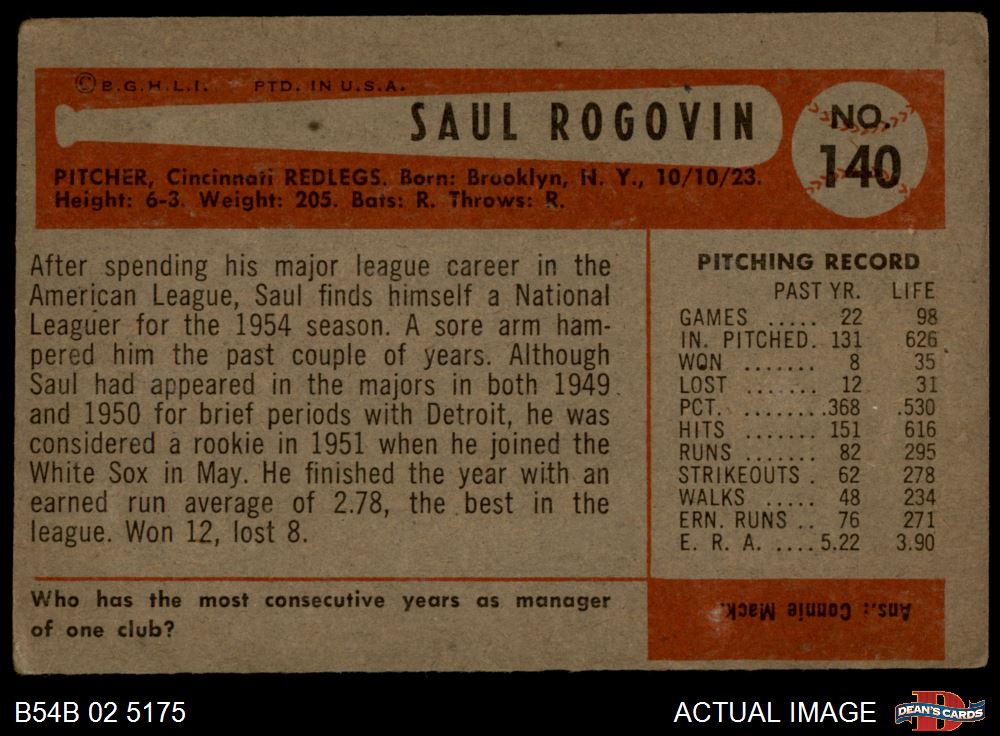 1954 Bowman #140 ERR Saul Rogovin