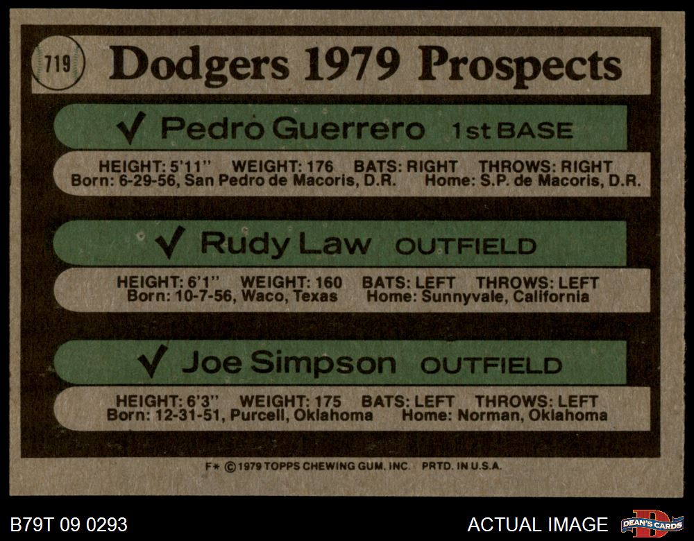 1979 Topps #719 - Pedro Guerrero / Rudy Law / Joe Simpson Dodgers Prospects