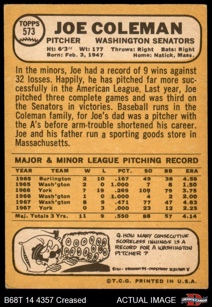 1968 Topps #573 Joe Coleman