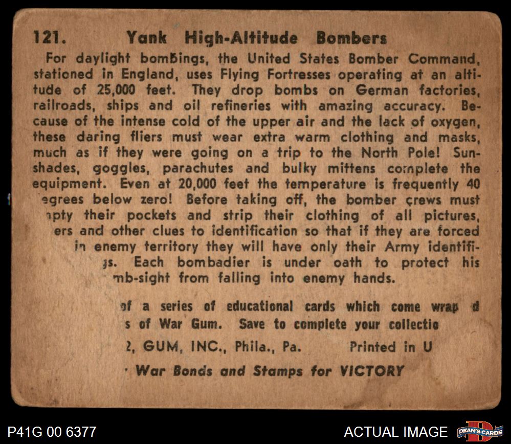 1941 War Gum #121 Yank High Altitude Bombers AUTHENTIC