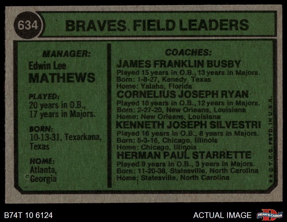 1974 Topps #634 - Eddie Mathews / Jim Busby / Connie Ryan / Ken ...